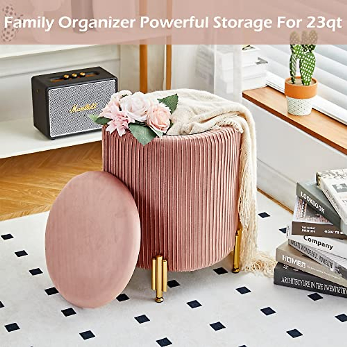 Mxfurhawa Round Ottoman Foot Stool with Storage and Metal Legs for Living Room Bedroom, Velvet Upholstered Footrest Stool Support 300lbs Modern Padded Seat Ottoman Coffee Table (Dusty Rose)