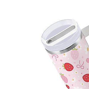 YNNALE 30 oz Tumbler with Straw & Handle - 2 in 1 Lids Leak Proof Tumblers - Large Insulated Stainless Steel Cup - BPA-Free Water Bottle Travel Metal Mug for Women Man,Bow Floral Cute Pink Strawberry