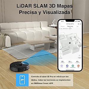 +360 S8 Pro aspirador y trapeador robot, Batería de 5,000 mAh, Mapeo LiDAR, Gestión de mapas de múltiples pisos, 150 minutos de autonomía, Ideal para cabello de mascotas, Compatible con Alexa y Google