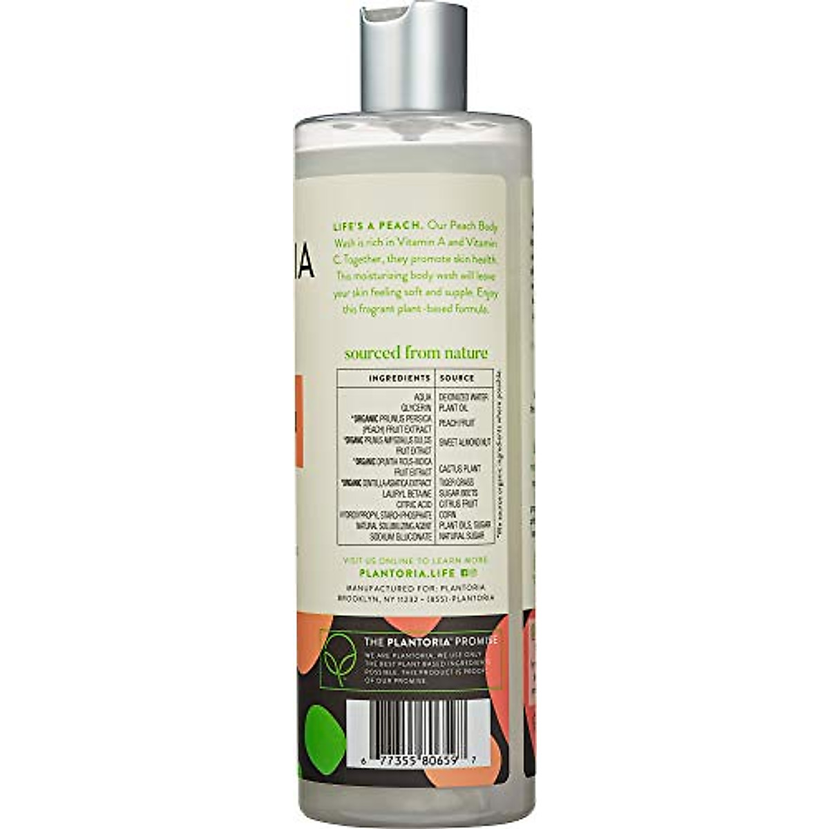 Plantoria Peach Body Wash | Plant Based Pure Natural Bodywash for Women & Men | Antioxidant Rich Body Skin Care Products With Deionized Water, Peach, Sweet Almond & Cactus | High in Vitamin A & C