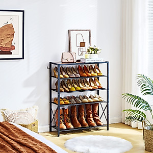 Tajsoon 5 Tier Shoe Rack Organizer for 16-20 Pairs of Shoes, Front Door Shoe Rack with 2 Hooks, Metal Mesh Shoe Shelf for Entryway, Shoe Storage with X Shape Fixed Frame, Rustic Brown & Black