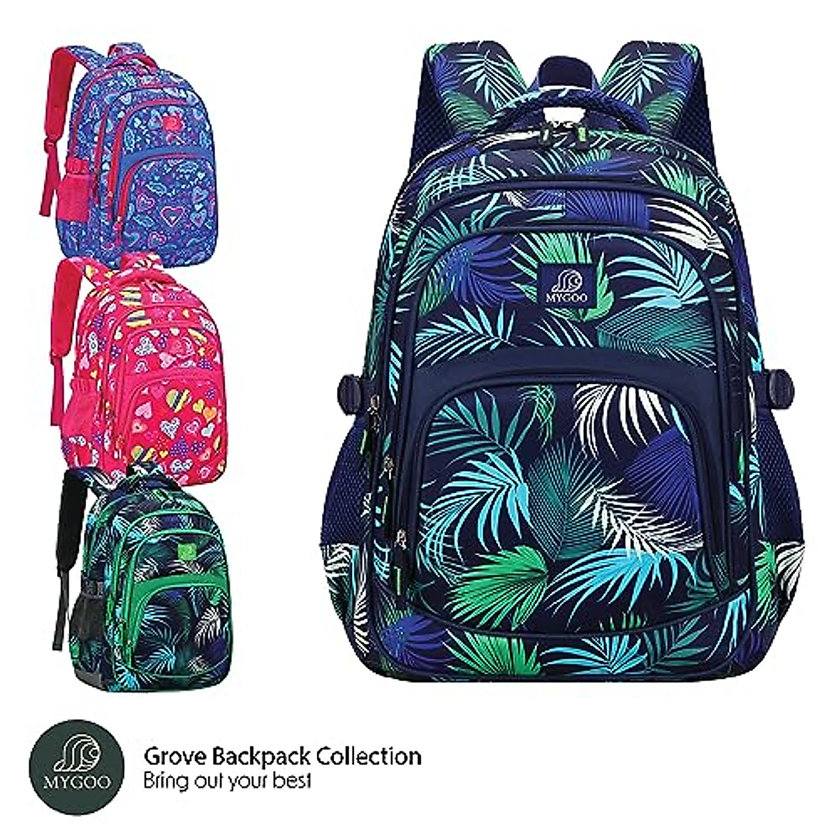 MYGOO Kids Backpack for Boys | Tropical Design Backpack for Teen | Grove Collection | 17" Tall | 24L Capacity | Foliage Black