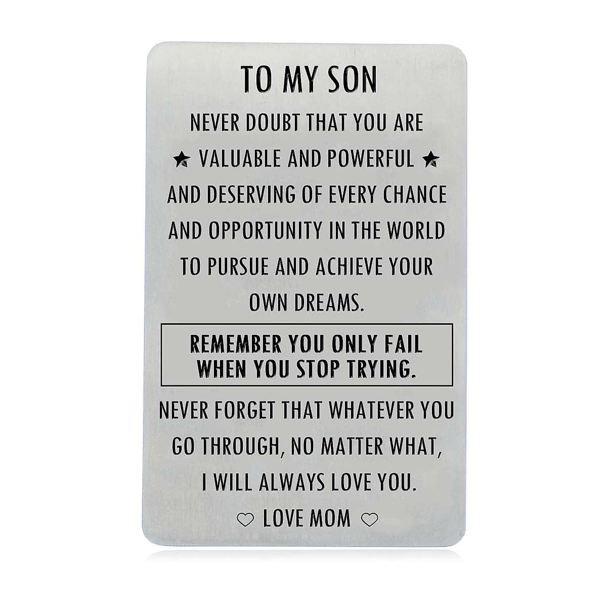 Inspirational Engraved Wallet Inserts to My Son from Mom, Gifts for Son with Motivational Quote, Wallet Insert Cards for Graduation Birthday Gift Ideas