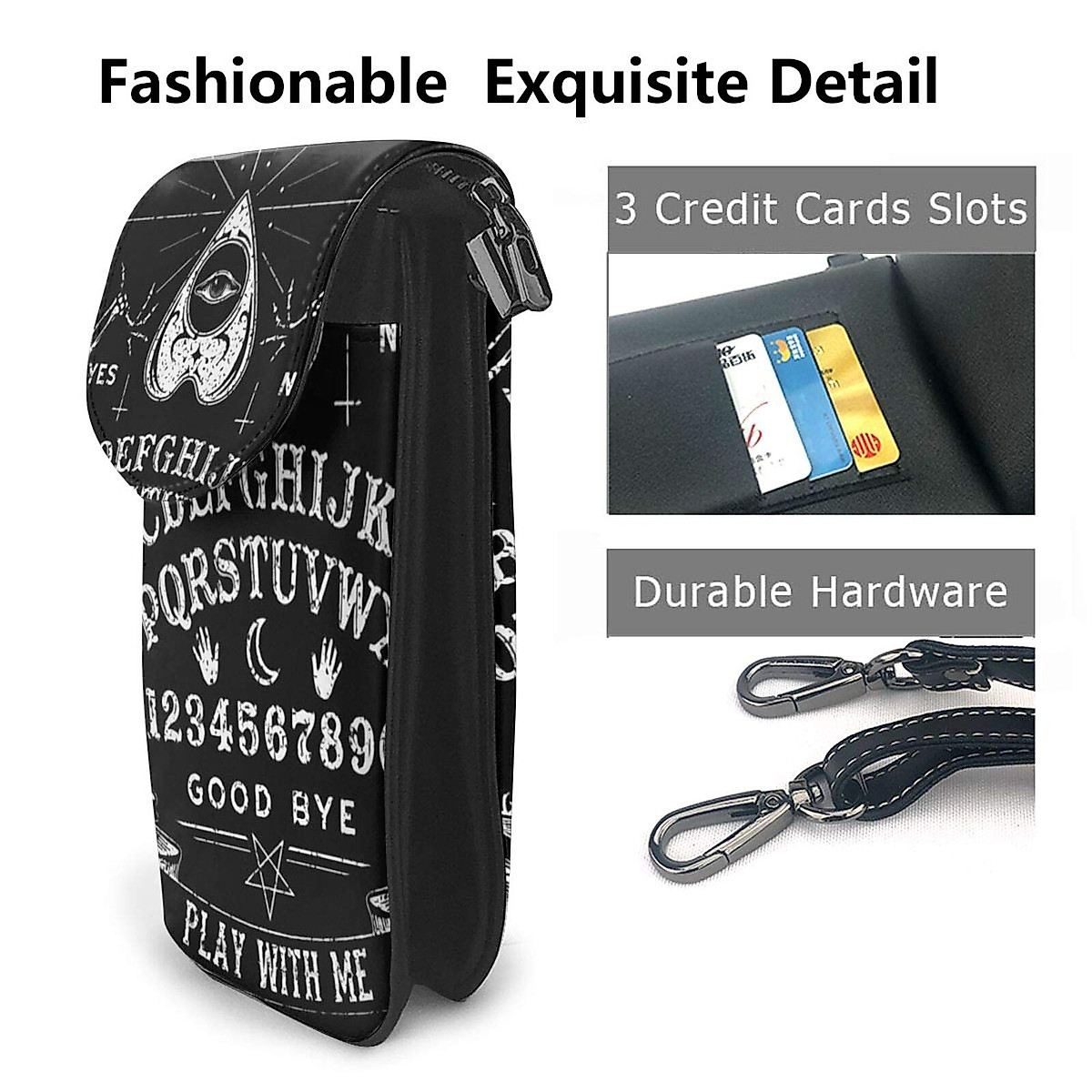 Small Crossbody Cell Phone Purse for Women, Girls, Ladies, Universal Multipurpose Vintage Skeleton Magic Board Black Cell Phone Wallet Purse with Shoulder Strap