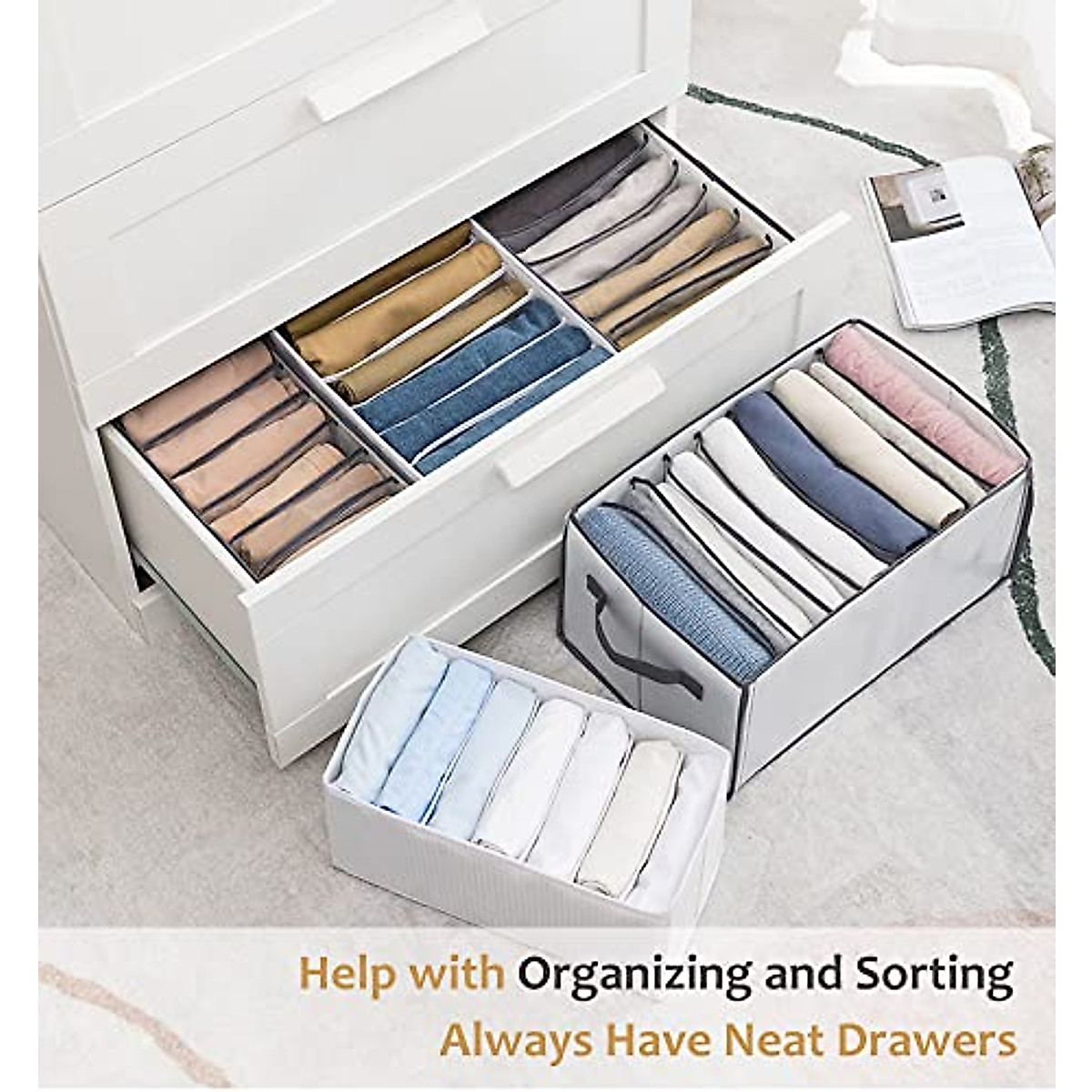 YUXES Dividers Drawer Organizer for Clothing Closet Shelf Wardrobe Clothes Organizer for Folded Clothes Jeans Pants Shirts Storage Bin Container for Bedroom Washable Collapsible