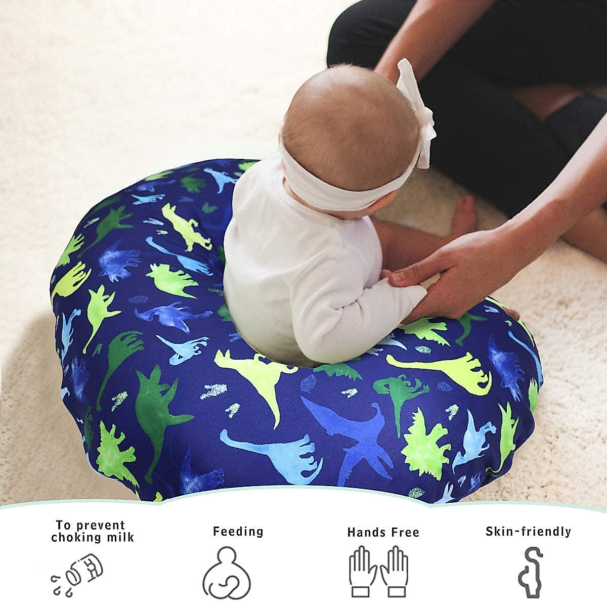 Dinosaur Nursing Pillow Cover & Carseat Cover Set, Breastfeeding Pillow Slipcover & Car Seat Canopies for Baby Boys & Girls, Nursing Pillow Case & Stroller Covers for Newborn, Soft Fabric Fits Snug On