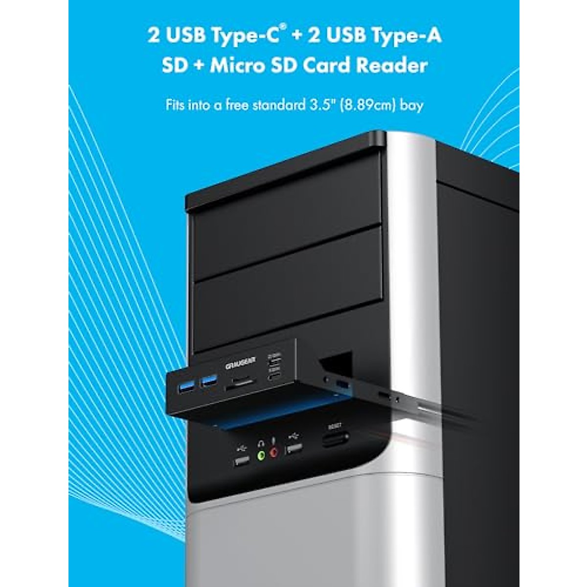 GRAUGEAR 3.5 Inch Front Panel USB C Hub, SD/microSD Internal Card Reader, 20Gbps USB 3.2 Gen 2x2, 20-pin Type-E Key-A Header & USB3.0 Header & 15-Pin SATA Power Connector Required [G-MP01CR]