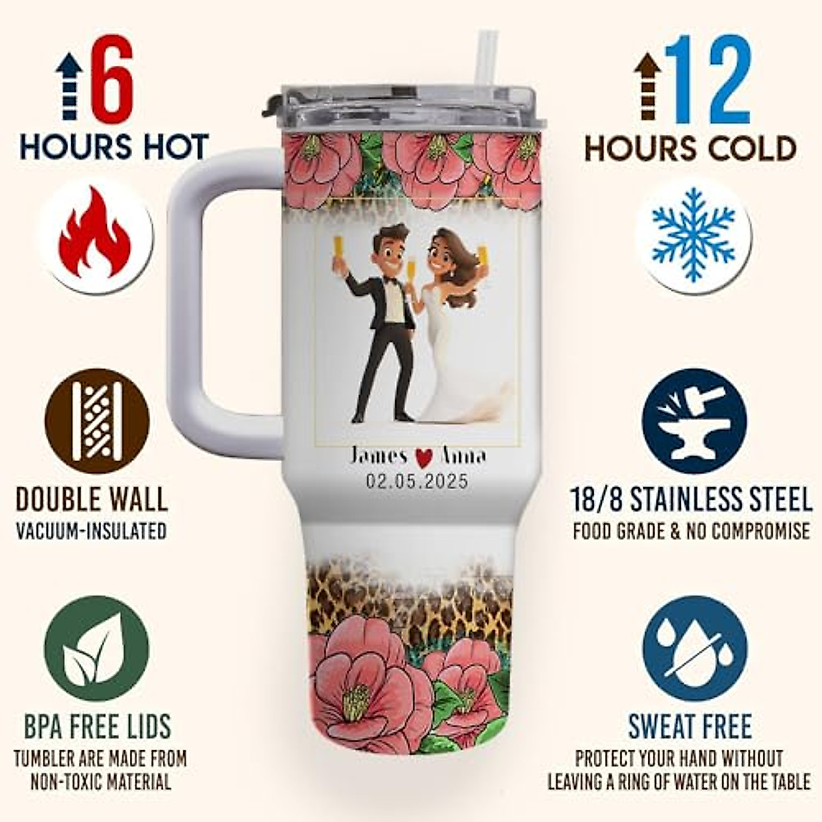 Personalized 40oz Tumbler with Handle – wedding hashtag-Custom Couple Gift for Anniversary Wedding Gift, Birthday, Mother's Day, Valentine’s Day FTSnbL