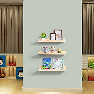 AZSKY Floating Bookshelf for Kids, Picture Ledge Shelf for Wall Decor and Storage 16 Inches Nursery Book Shelves Set 3, Baby Book Shelf for Kids Room Decor(Natural Wood) (Natural, 16Inch)