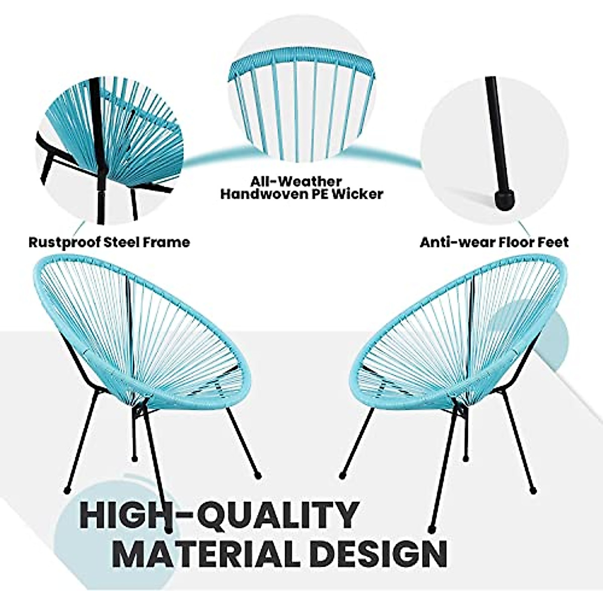 Patiomore 3-Piece Acapulco Chairs Set Rattan Outdoor Furniture Set, All- Weather Patio Conversation Bistro Set with 2 Woven Chairs and 1 Glass Table for Indoor, Balcony, Lawn Garden-Blue