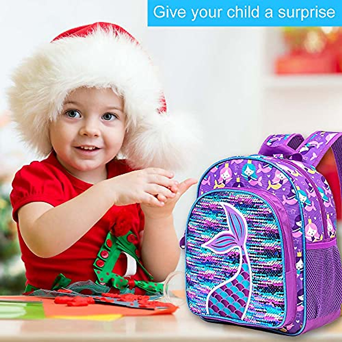 gxtvo Mermaid Backpack for Girls, Toddler Sequin Preschool Bookbag, 12" Cute Cartoon Animal School Bag