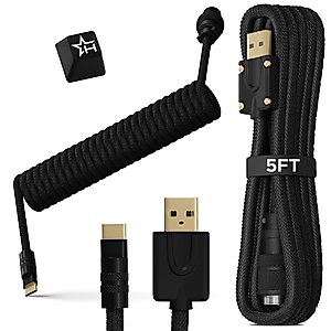 Hystar USB-C Coiled Aviator Cable for Gaming Mechanical Keyboards | Double-Sleeved Cable, Premium Aluminum Connectors, Gold Plated, Type-C Connection, 90 Degree Exit, Includes Aluminum Artisan Keycap