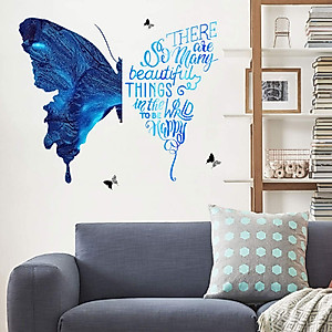 LQANG Big Blue Butterfly Wall Stickers to Be Happy Inspirational Quotes Window Decals Decorations Murals Wall Art Decorative Sticker for Cute Party Decor Supplies