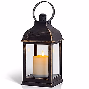 Yongmao Vintage Lantern Decorative LED Flickering Flameless Candle with Timer, Battery Powered LED Decorative Hanging Golden Brushed Black Lanterns for Indoor Outdoor Garden Yard Home Decor(1 Pack)