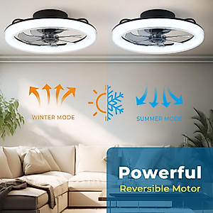 Orison 20'' Ceiling Fans with Lights, Low Profile Ceiling Fan with Light and Remote, Flush Mount Ceiling Fan with 6-Speed Reversible Blades and App Controlled, for Bedroom Living Room Kitchen (Black)