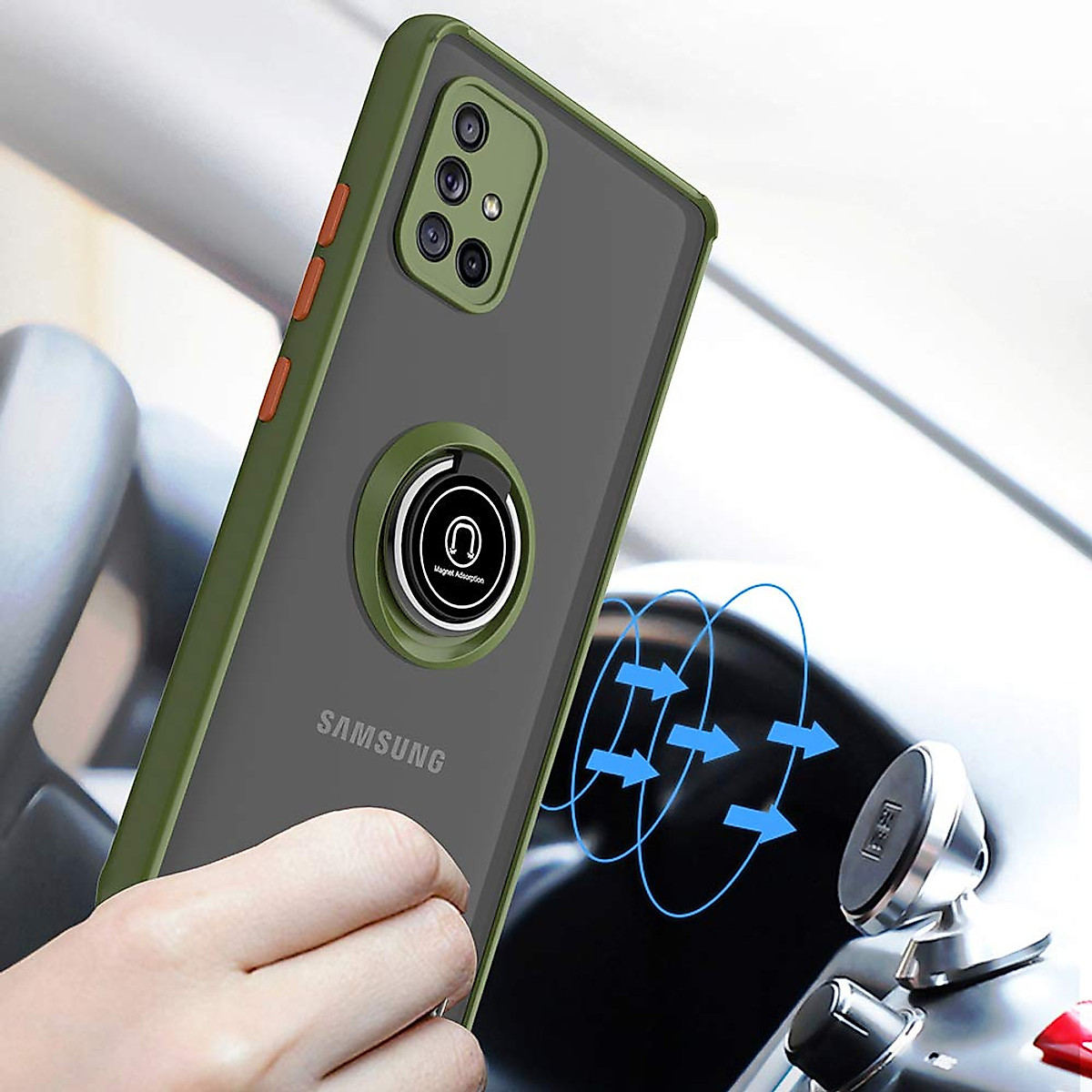 TJS Compatible with Samsung Galaxy A71 5G Case, with Tempered Glass Screen Protector, Metal Ring Magnetic Support Kickstand Heavy Duty Drop Protector Phone Case (Green)