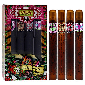 Cuba Original by Parfums Des Champs Jungle Collection 4-Piece Perfume Variety Gift Set - Includes Cuba Snake, Cuba Tiger, Cuba Zebra, and Cuba Heartbreaker - 1.17 Oz Perfume (EDP) Each