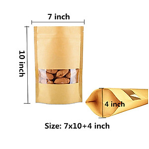 Kraft Heat Sealable Stand Up food Pouches Paper Mylar Bags With Window And Zip Lock,Heavy Duty Decorative Resealable Recycled For DIY Homemade Chips Favor Candy Cookies Christmas (50pcs 7x10+4inch)