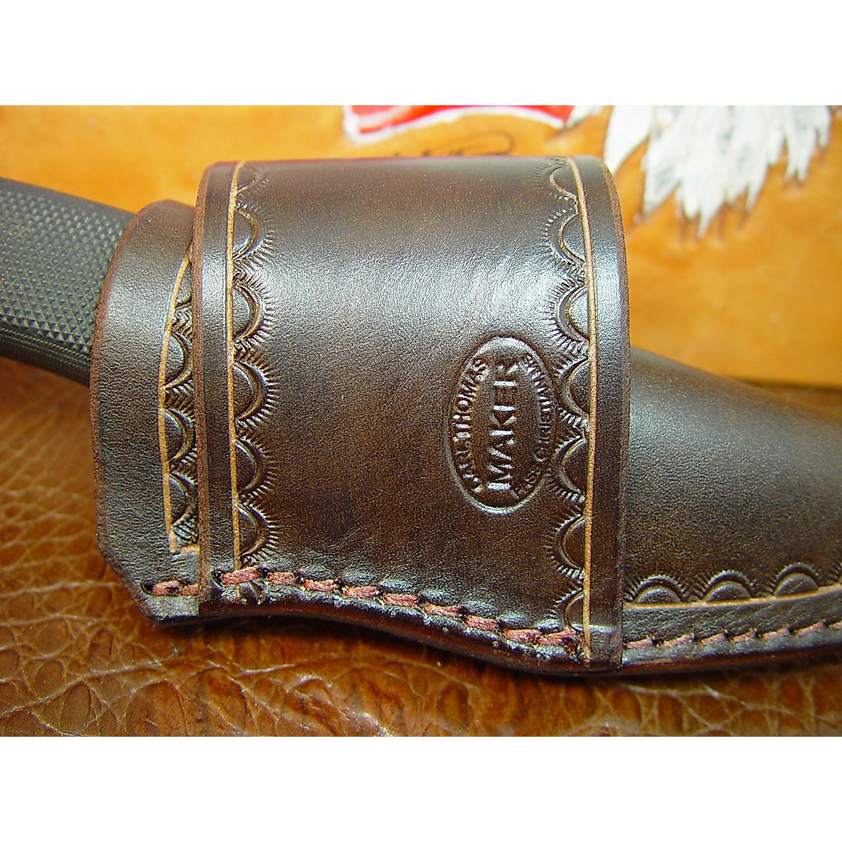 Custom Leather Knife Sheath for a Buck 692 Vanguard or Zipper. Tooled & Dyed Brown_AB