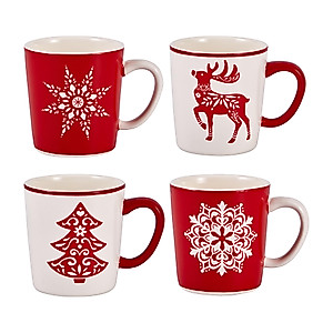 Bico Holly Jolly Ceramic Mugs, Set of 4, for Coffee, Tea, Drinks, Microwave & Dishwasher Safe