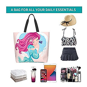 Famame Cute Mermaid Girl Canvas Tote Bag Large Women Casual Shoulder Bag Handbag Reusable Multipurpose Shopping Grocery Bag For Outdoors