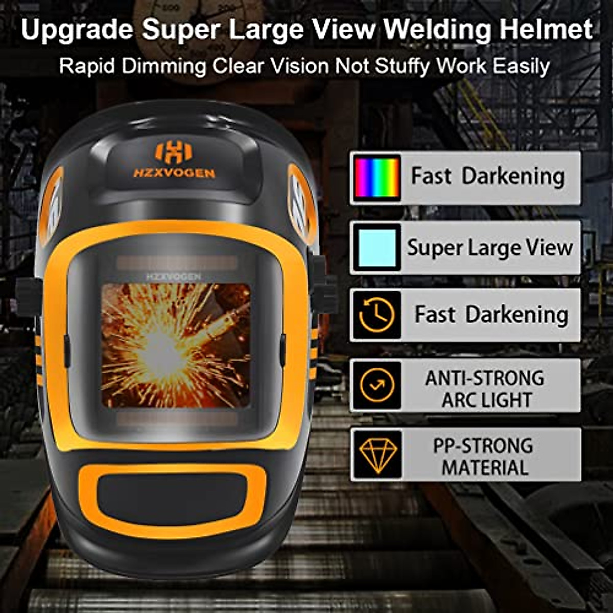 HZXVOGEN 3.94"X3.66" Large Viewing Screen True Color Solar Powered Auto Darkening welding Helmet 4 Arc Sensor Wide Shade 4~5/9-9/13 for TIG MIG Arc Weld Grinding Welder Mask (Model:LY800F)