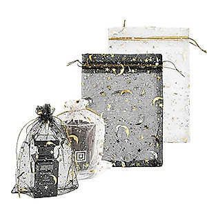 souG Organza Gifts Bags, 5x7 100Pcs Sheer Organza Drawstring Pouches Stars and Moon Wedding Party Favor Jewelry Candy Gift Bags (White and Black).