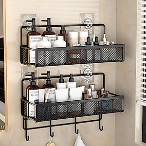 2 Pack Shower Caddy Shelf Organizer Rack, Bathroom Shelves Basket, Adhesive Black Bathroom Accessories, Save Space with Hooks, Toiletries Organization And No Drilling Shower Shelves (White)