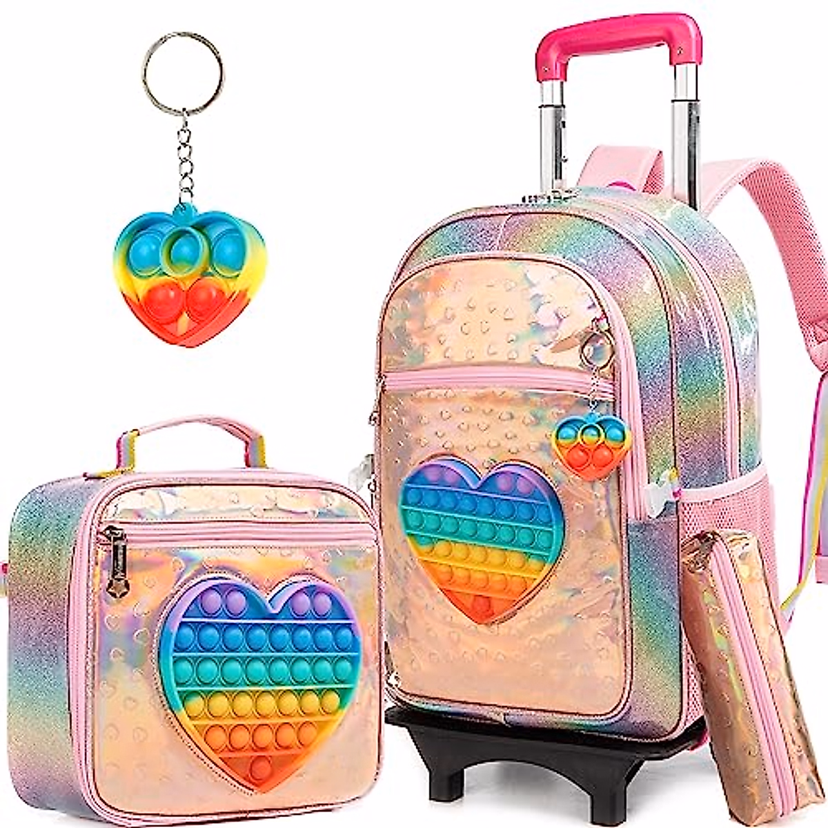 Meetbelify Girls Love Rolling Backpack with Wheels for Elementary Kindergarten Kids Suitcase Set Travel Laptop Luggage for Girls Ages 6-8