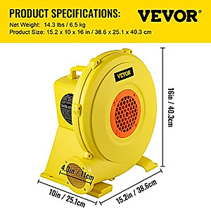 VEVOR Air Blower, 750W 1HP Inflatable Blower, Portable and Powerful Bounce House Blower, 2000Pa Commercial Air Blower Pump Fan, Used for Inflatable Bouncy Castle and Jump Slides, Yellow