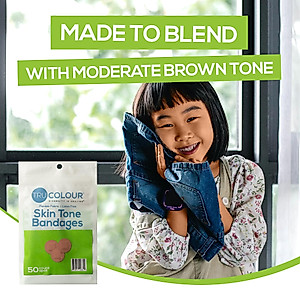 Tru Colour - Spot Bandages, Flexible Fabric Adhesive Bandages, Olive Skin Tone Shade, Green Bag, 50 Count