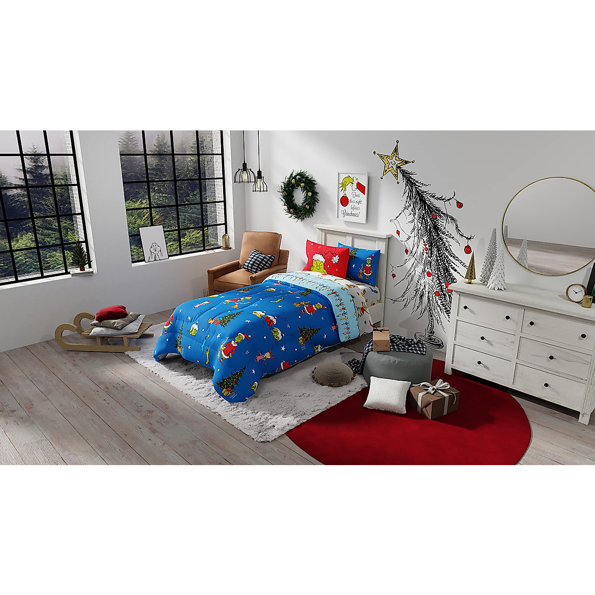 Franco Grinch by Dr. Seuss Holiday & Christmas Bedding Soft Comforter and Sheet Set with Sham, 5 Piece Twin Size, (Official Dr. Seuss Product)