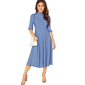 Verdusa Women's Elegant Ribbed Knit Bell Sleeve Fit and Flare Midi Dress Slate Blue S