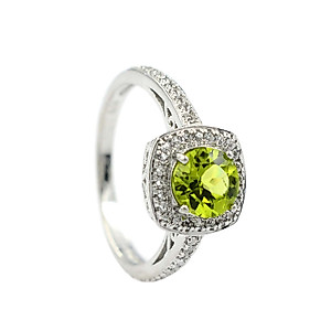 Natural Yellow Peridot 7 MM Round Cut August Birthstone Gemstone 925 Sterling Silver Solitaire Unisex Proposal Ring For Wedding Gift (Rhodium Plated Silver, 6.5)