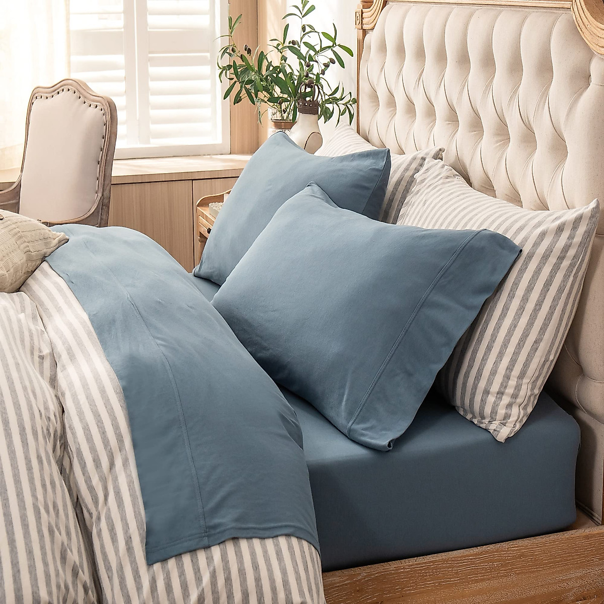 PURE ERA Jersey Knit 4pc Bed Sheet Set 100% T-Shirt Cotton Super Soft Comfy Breathable Fits Mattress Up to 20" Extra Deep Pocket (Solid Cerulean Blue, King)