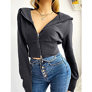 COZYPOIN Women's Cropped Hoodie Double Zipper Long Sleeve Workout Sweatshirt Crop Tops(Grey-L)