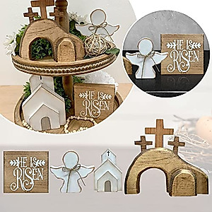 Jesus Tomb Easter Tray Bundle Kit, Wooden Easter Jesus Sign Tiered Tray Decorations, He is Risen Easter Tiered Tray Decor Farmhouse Rustic Tiered Tray Items, Easter Decor for Home Office (Set of 4)