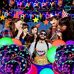 Zhanmai Glow Neon Party Supplies Glow in the Dark Birthday Party Decorations Include Fluorescent Balloons Neon Banner Tablecloth Blacklight Reactive Hanging Stars Cake Toppers for Neon Party