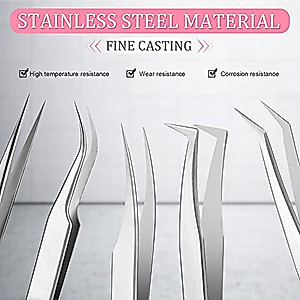 10 Pieces Eyelash Extension Tweezers Stainless Steel Curved Tweezers Volume Eyelash Tweezers Eyelash Isolation Tweezers Eyelash Application Tools for Eyelash Accessories, Silver, Rose Red, 5 Styles