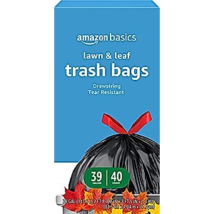 Amazon Basics Lawn & Leaf Drawstring Trash Bags, 39 Gallon, 40 Count