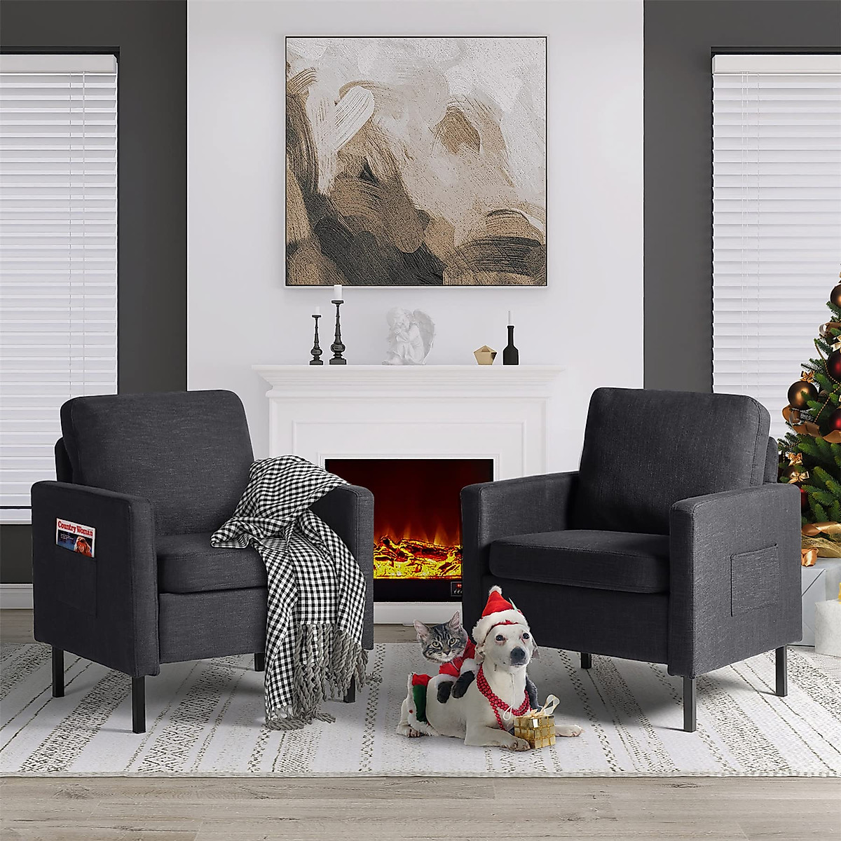 STHOUYN Fabric Comfy Small Accent Chair Set of 2 Living Room Bedroom Chairs, Reading Arm Chair for Adults, Suitable Small Spaces Office Couch, Dark Grey (2, Dark Grey)