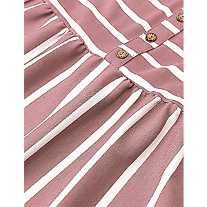 MOQIVGI Country Dresses for Women,Stripe Patchwork Comfy Simple Basic Pleated Crew Neck Strappy Dress Ladies Short Flowy Button Down Sundresses Pink White Large