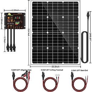 SUNER POWER 50 Watts Mono Crystalline 12V Solar Panel Kits - Waterproof 50W Solar Panel + Upgraded 10A Solar Charge Controller + 3-PCS SAE Cable Adapters for Car RV Marine Boat Trailer Off Grid System