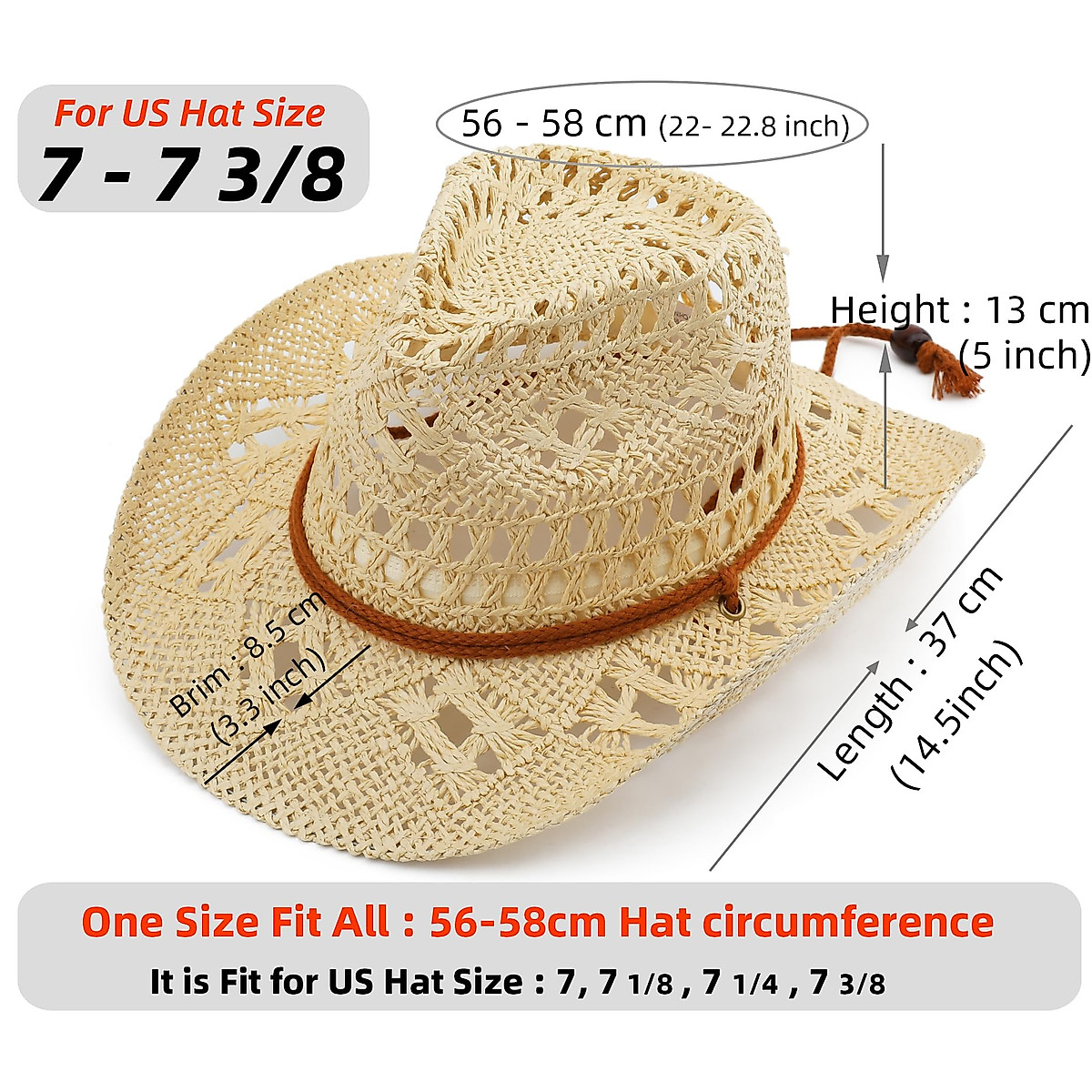 Melesh Adult Straw Sun Beach Western Cowgirl Cowboy Hat for Women (US, Alpha, One Size, Beige)
