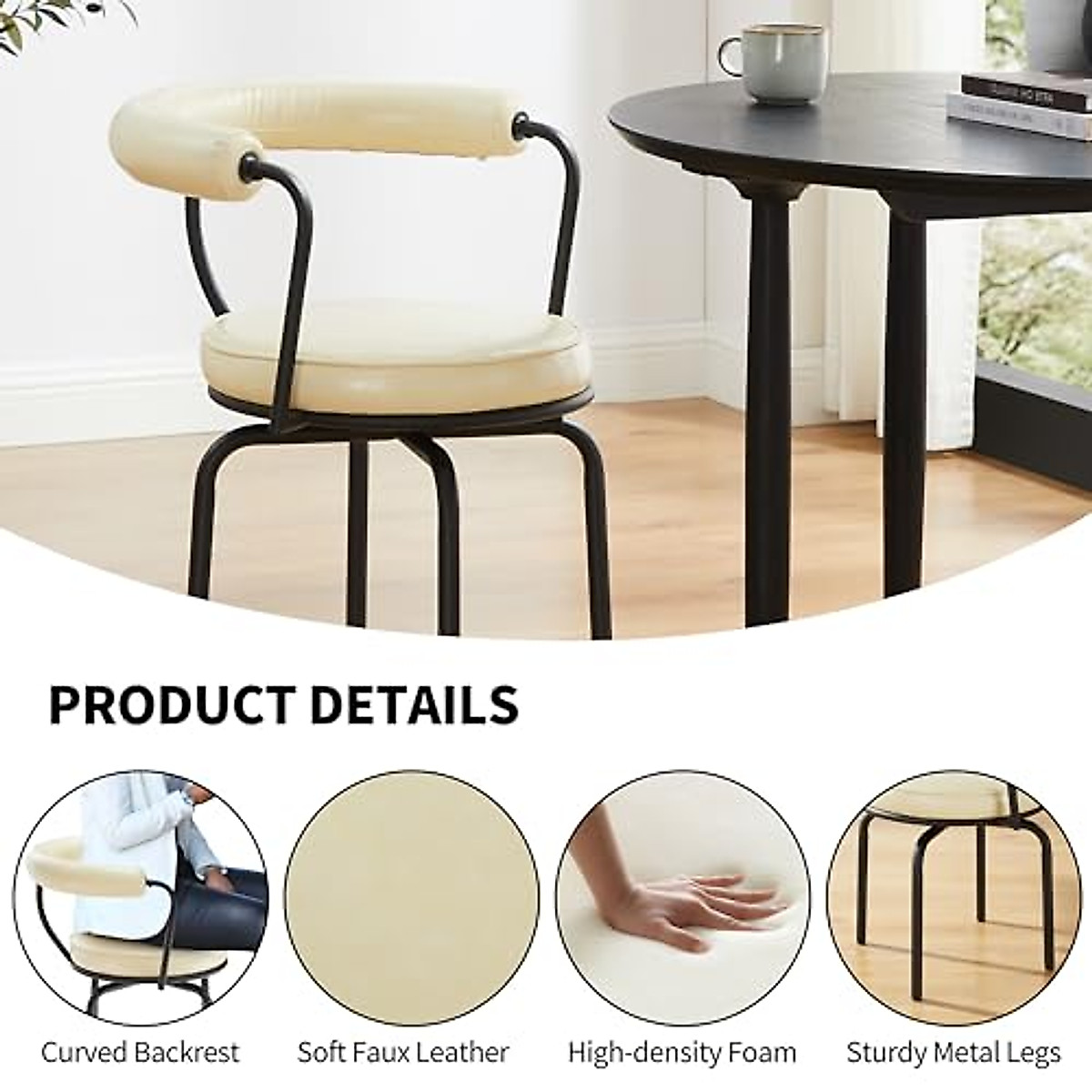 Art Leon Swivel Dining Chairs, Set of 2, Faux Leather Upholstered Dining Room Chairs, Modern Accent Armchairs with Black Metal Legs for Kitchen Living Room Bedroom, Off White