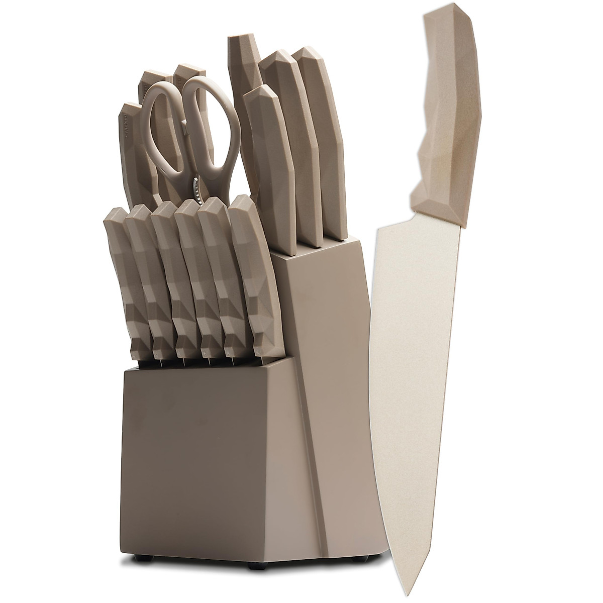 15 Piece Kitchen Knife Set with Block, Full-Tang High-Carbon Stainless-Steel Blades, Heavy Duty Handles, Gold Knife Set with Block, Knife Block Set, Modern Kitchen Essentials Chef Knife Set DFACKTO