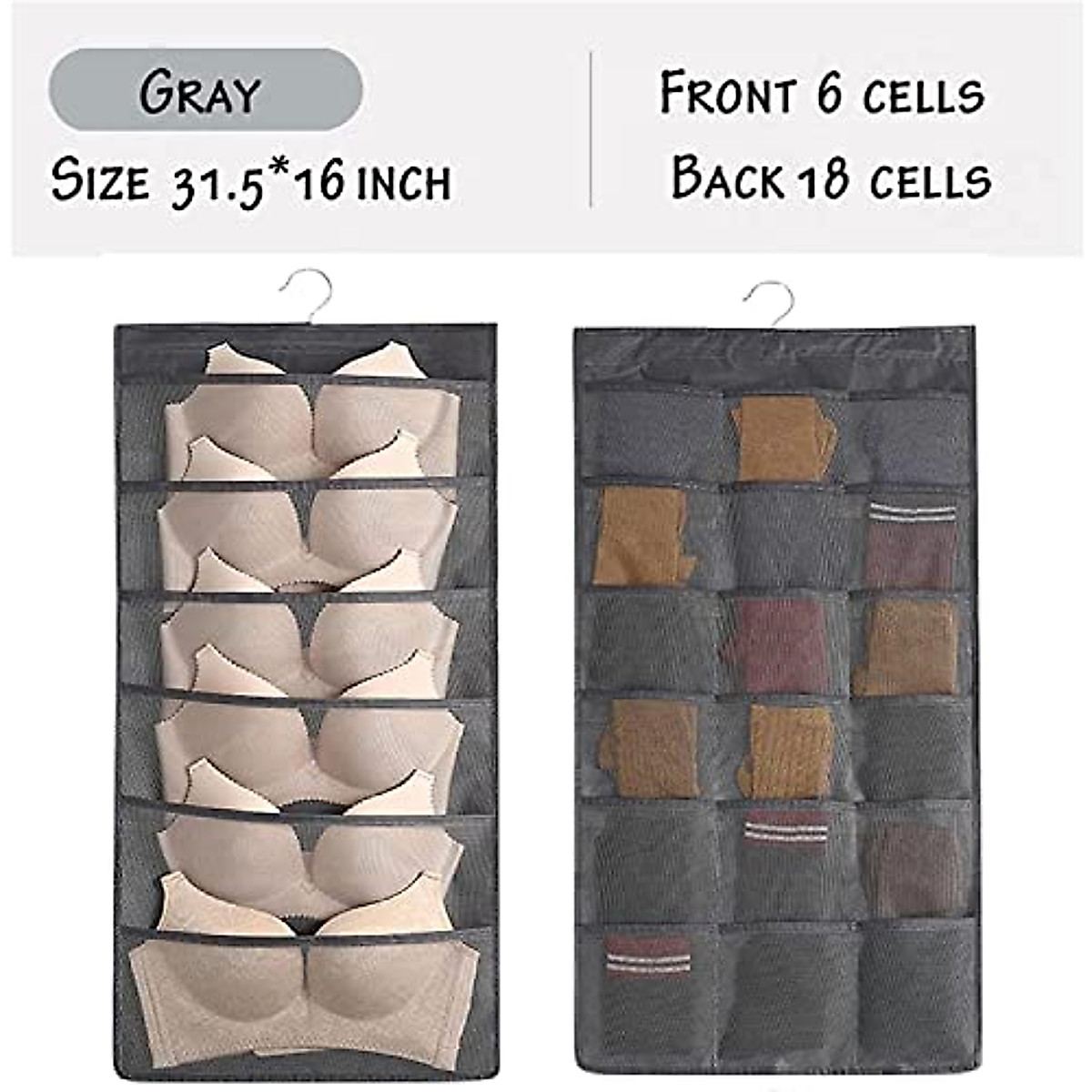 YUNZSXJY Durable Hanging Closet Organizer for Underwear Double Sided with Mesh Pockets,Space Saving Storage Pocket Bra Clothes Socks Organizer Home Basics. (Gray, 2PCS 6+18 Pockets)