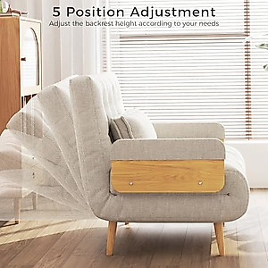 JASIWAY 3-in-1 Convertible Chair Bed Sleeper for Adults, Linen Convertable Sleeper Chair with Wooden Arms & Pillows, Foldable Single Futon Sofa Bed for Small Spaces, Mid Century, 76.6" D x 36.6" W