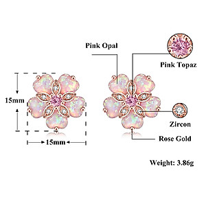 CiNily 14K Rose Gold Plated Flower Stud Earrings Womens Pink Opal Earrings Hypoallergenic Big Gemstone Stud Earrings 15mm