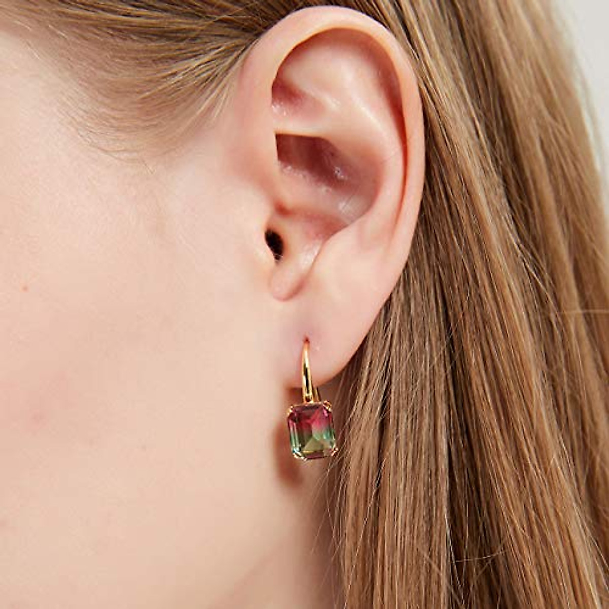 Watermelon Tourmaline Drop Earrings Nickel Free Copper Gradient Color Baguette Cut CZ Earrings for Women Girls